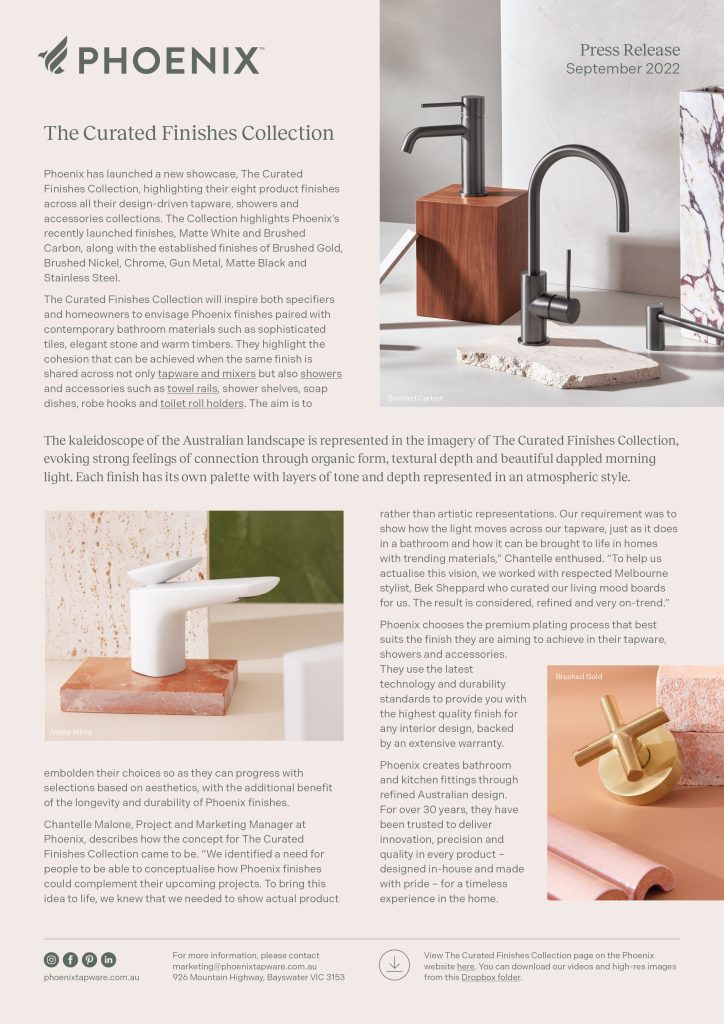 Phoenix announces The Curated Finishes Collection - Phoenix Tapware