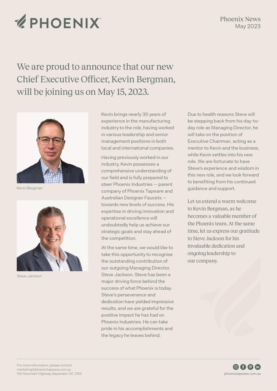 Phoenix welcomes Kevin Bergman - Phoenix Tapware