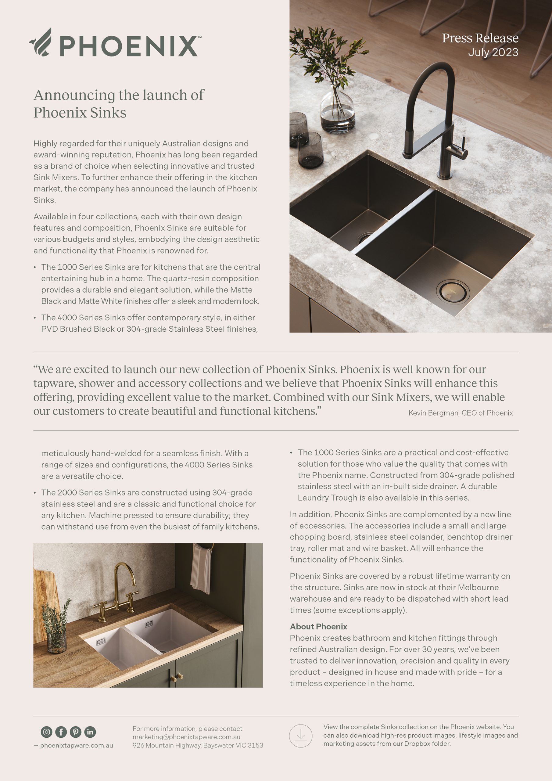 Phoenix launches the Sinks collection - Phoenix Tapware